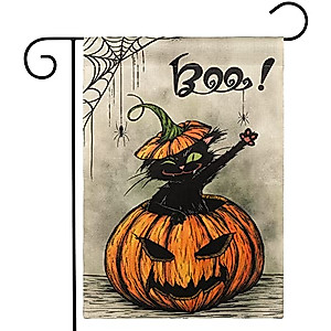 HOSCAPE Halloween Garden Flag 12.5 x 18 Inch Vertical Double Sided, Pumpkin Spider Cat Boo Halloween Flags Burlap Small House Yard Flag for Outdoor Indoor Decoration