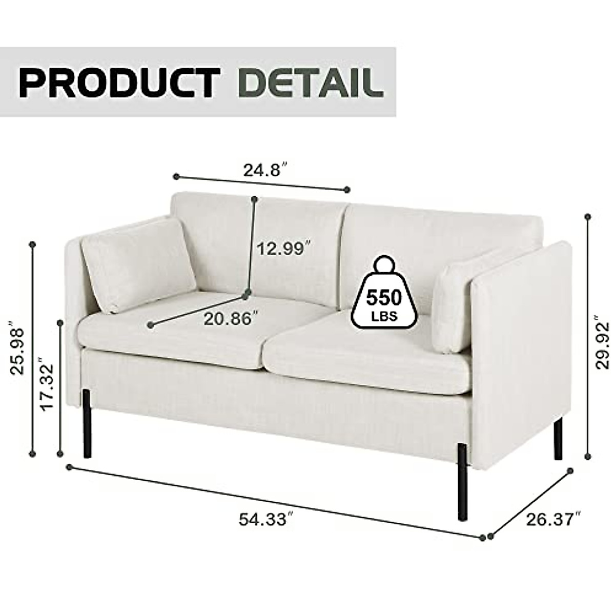 LINLUX 55''W Upholstered Modern Loveseat Sofa Couch for Living Room, Fabric Small Love Seat w/ 2 Pillows and Iron Legs, 2 Seat Small Couches for Small Spaces, Bedroom, Apartment, Office, Light Beige