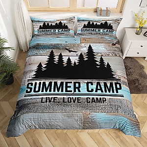 Erosebridal Camper Bedding 3 Pieces,Old Wooden Barn Door Comforter Cover for Adult Teens Happy Camping Bedding Vintage Rustic Farmhouse Duvet Cover,Ultra Soft, Queen Size