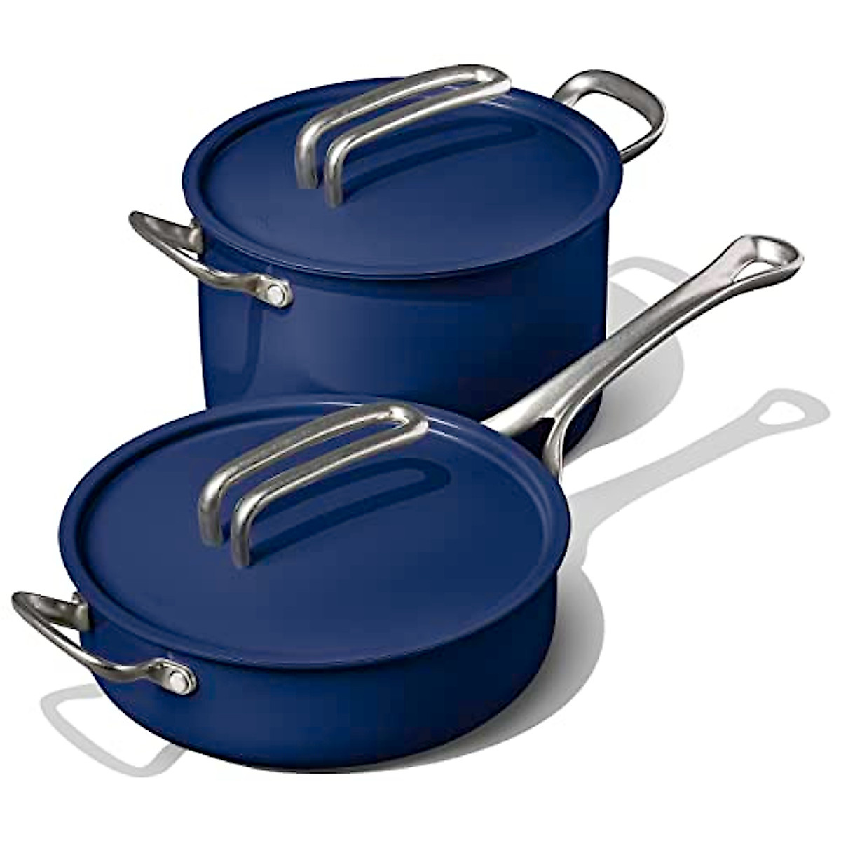 Risa Induction Cookware Pot and Pan Set by Eva Longoria - Nonstick, Ceramic Coating, Stainless Steel Handle Cookware Set - 10 inch Pot, 11 Inch Pan w/Lid - Deep Blue - Kitchen Sets for Cooking