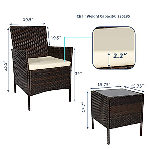 3PCS Outdoor Patio Furniture Set PE Wicker Rattan Chairs and Table Sofa Seats Conversation Set with Washable Cushion (Brown Beige)