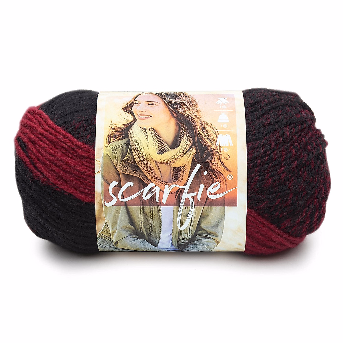 Lion Brand Yarn (1 Skein) Scarfie Bulky Yarn, Cranberry/Black