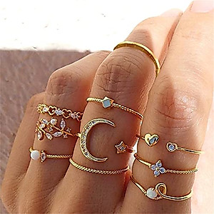 INENIMARTJ Boho Rings for Women Teen Girls,Gold Stacking Rings Set Stackable Knuckle Moon Star Heart Leaf Mid Finger Rings (Moon Star Rings)
