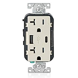 Leviton T5833-T 20-Amp Type-C USB Charger/Tamper Resistant Receptacle, Light Almond