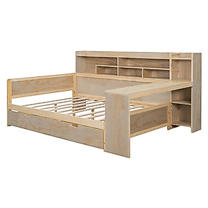 RuiSiSi Full Size Daybed with Bookcase & Drawers, Solid Wood Daybed with Desk and Storage Headboard, Multi-Function Full Bed Frame with Storage Drawers for Kids Teens Adults, Natural