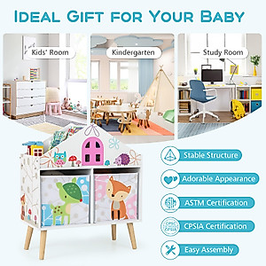 Costzon Kids Dollhouse Bookshelf, Wooden Bookcase for Children, Toy Storage Organizer with 2 Fabric Drawers, 2-Tier Montessori Toddler Book Shelf for Kids Room, Playroom, Nursery, White