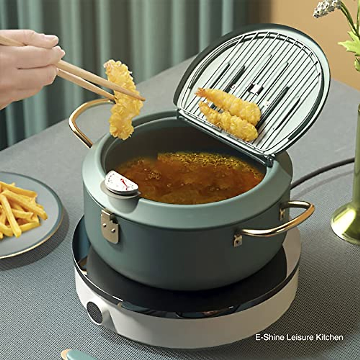 E-Shine Leisure Deep Fryer Pot, Japanese Style Tempura Deep Fryer with Fahrenheit Thermometer, Small and Easy Clean, Vintage Green, DIAM. 8”