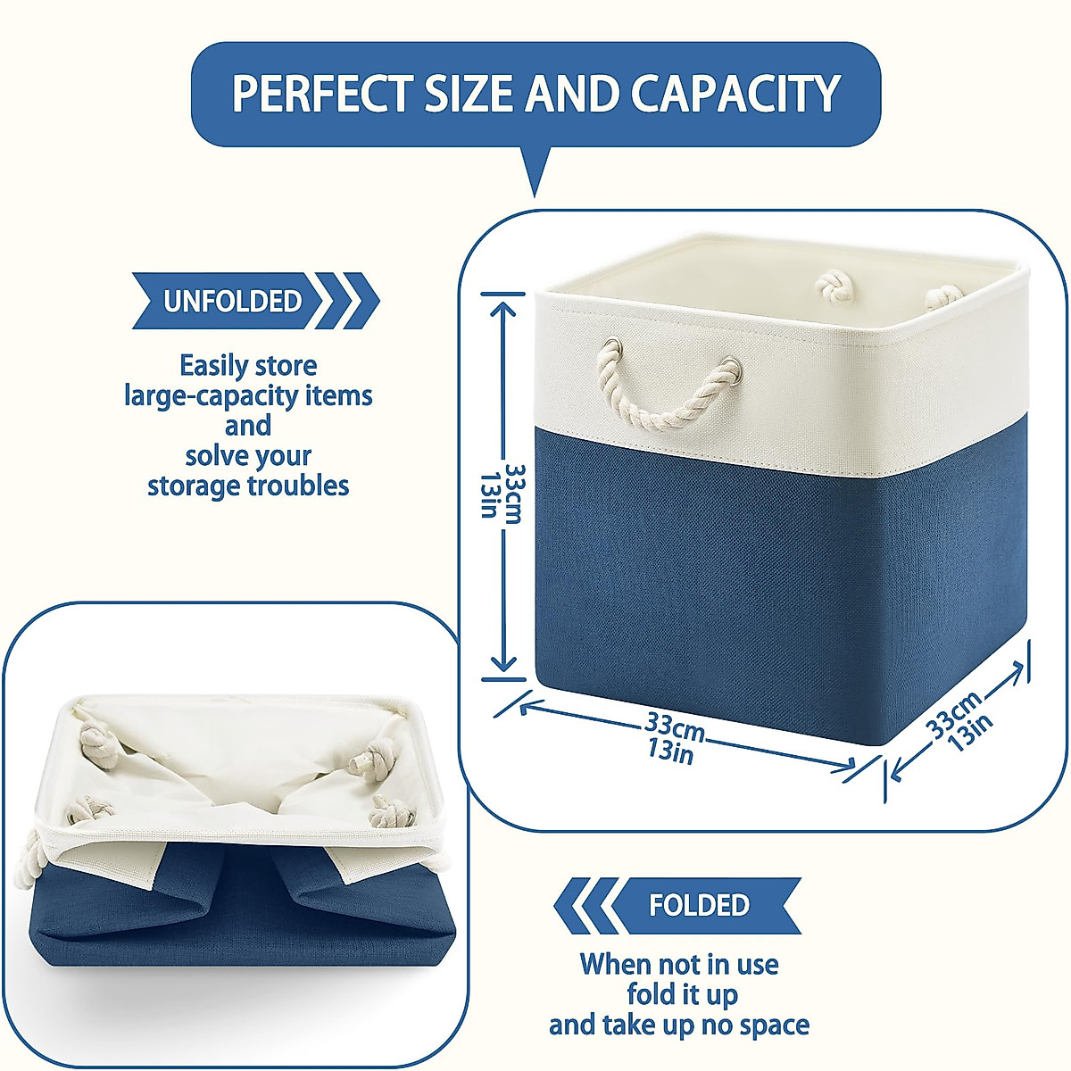 Patvingot 13x13x13 Storage Cube Bins,Set of 4, Large Foldable Fabric Storage Cubes with Handles for Organizing Home, Closet, Clothes, Toy, Book, Office(White&Blue)