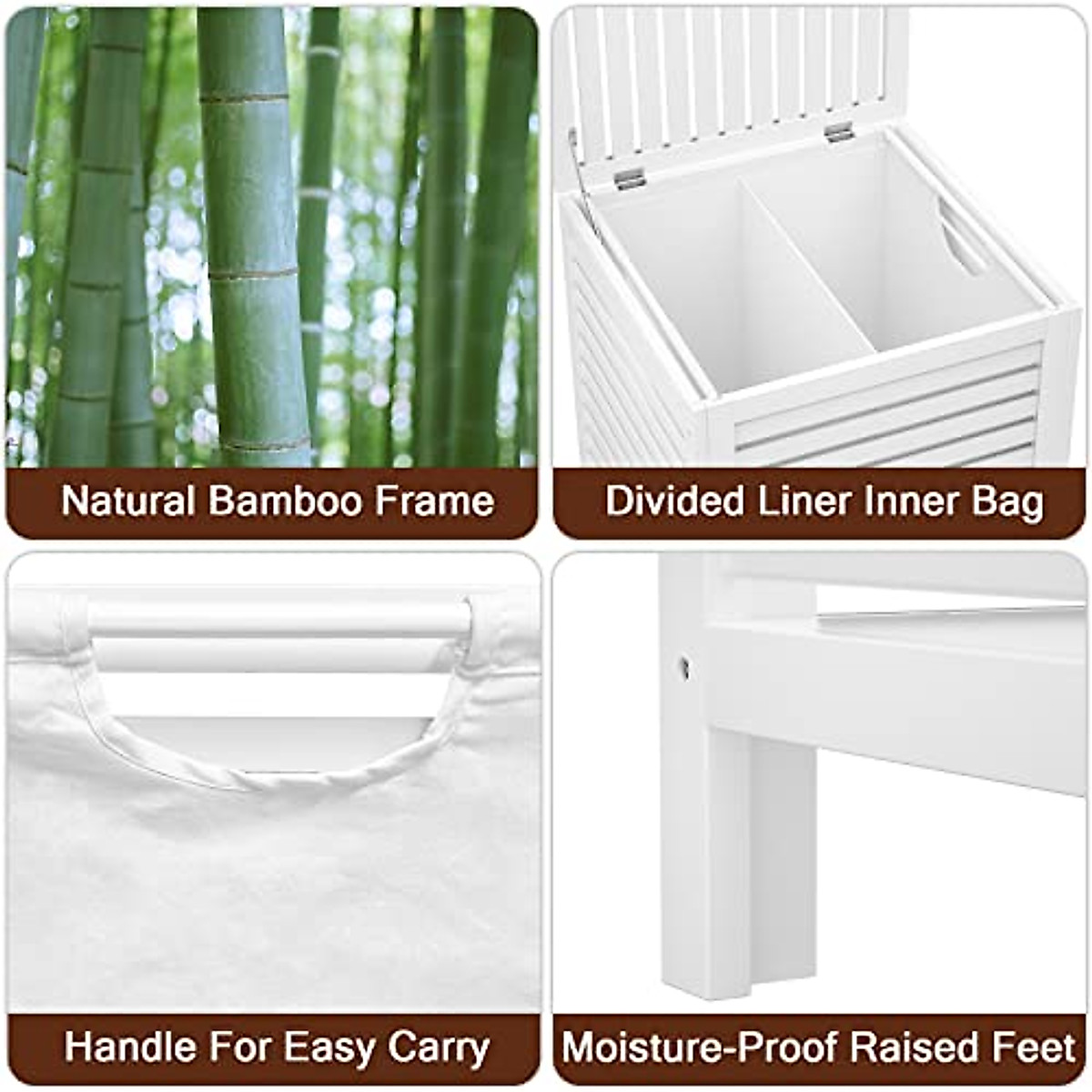 Homykic Bamboo Laundry Hamper, 2-Section 120L with Lid and Removable Liner Bag, Large Raised Laundry Basket Sorter for Clothes, Bathroom, Bedroom, Easy to Assemble, White