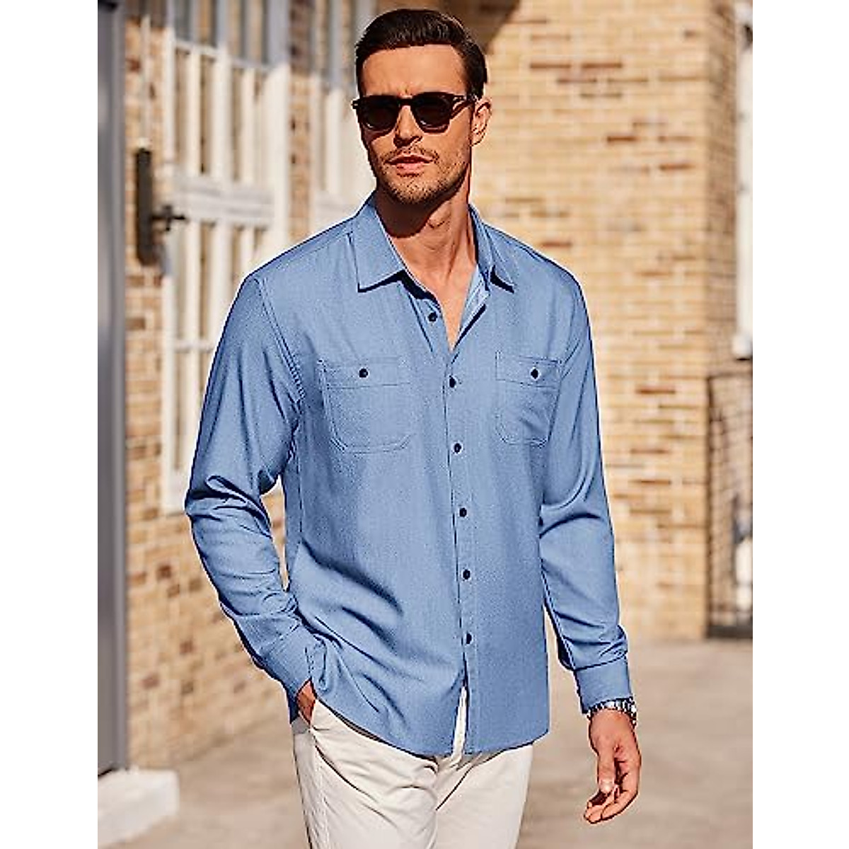 COOFANDY Mens Casual Dress Shirts Slim Fit Button Down Shirt with Two Chest Pockets Light Blue