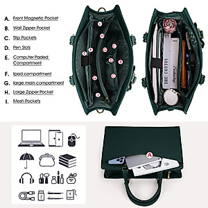 RAINSMORE Laptop Bag for Women 15.6 Inch PU Tote Bag Business Work Bag Waterproof Briefcase Computer Tote Lightweight Handbag Shoulder, Dark Green