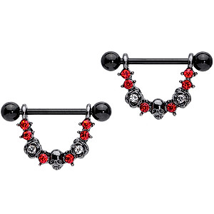 Body Candy 14G Womens Nipplerings Piercing Steel 2Pc Black Red Accent Rose Skull Dangle Nipple Ring Set 5/8"