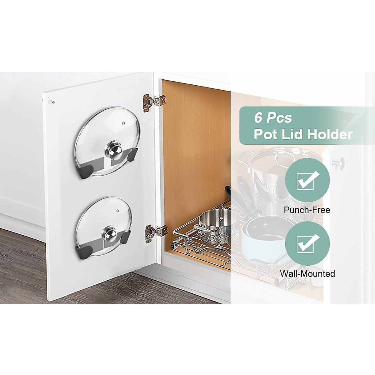 TOPINCN Pot Lid Holder, 6Pcs Household Punch‑Free Wall Mount Pot Lid Organizers Self Adhesive Pan Pot Lid Storage Rack Cabinet Doorback Organizer Kitchen Utensil Hanger for Home Kitchen Wall, Black