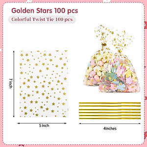 LEOSINDA Cellophane Treat Bags,Clear Cellophane Bags,5 X 7 Inches Treat Bags,100 Twist Ties,for Gift Wrapping,Packaging Candies,Dessert,Bakery, Cookies, Chocolate,Party Favor, Gold Star Printed