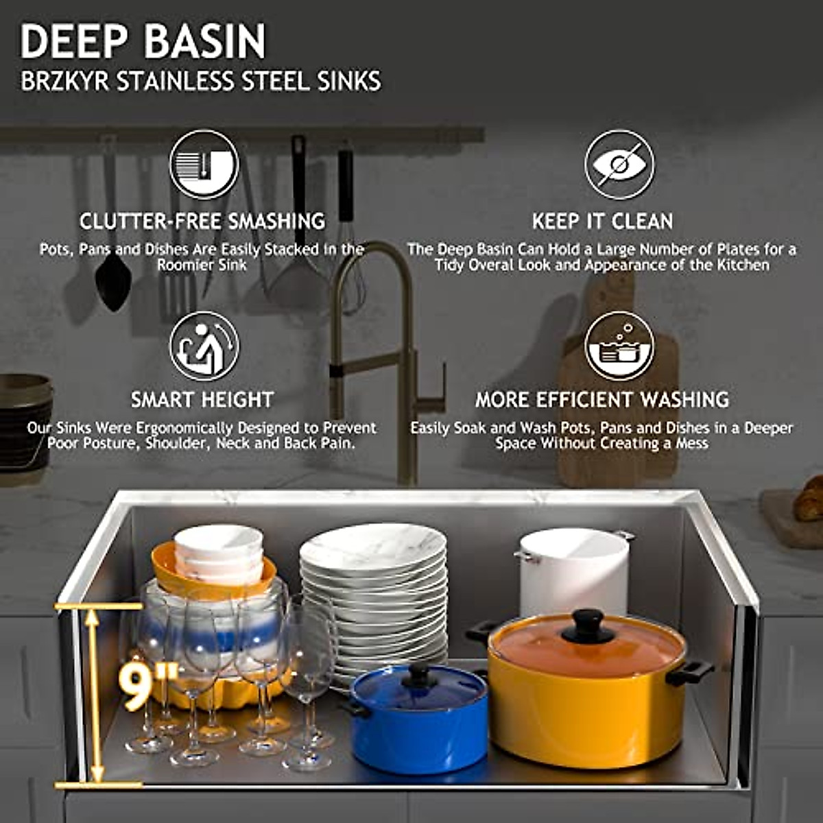 Brzkyr 30 inch Farmhouse Kitchen Sink Gunmetal Black Stainless Steel Apron Front 16 Gauge R10 Deep Single Bowl Kitchen Farm Sinks