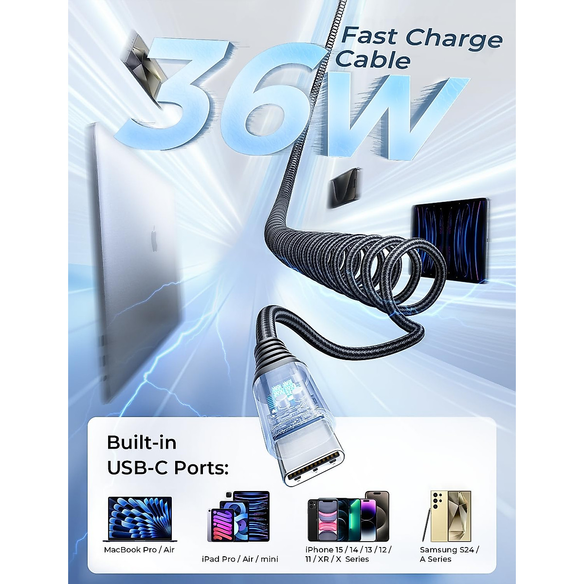 LISEN USB C 96W Super Fast Car Charger PD& QC3.0 with 5.3ft 36W Type C Coiled Cable,Car Phone Charger Adapter for iPhone 15 Pro Max Plus, Samsung Galaxy S24/S23/S22,Android, iPad Pro