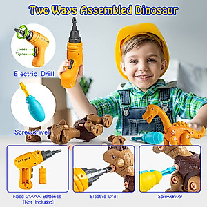 Funsland Take Apart Dinosaur Toys for Kids 3-5 Stem Dinosaur Toys with Electric & Hand Drills Dino Building Toy Set 4 Pack