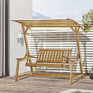 Outsunny 2 Seater Outdoor Swing Loveseat with Canopy and Hanging Chains, Patio Swing Chair, Wooden Porch Swing Glider, for Garden, Poolside, Backyard