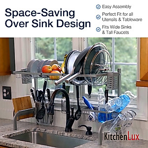 Kitchen Lux Over The Sink Dish Drying Rack - Kitchen Counter Dishes Drainer and Hanging Storage Organizer for Single, Wide, Double Sinks - Space Saving Design, Utensil Holder, Hooks Plate & Cup Rack