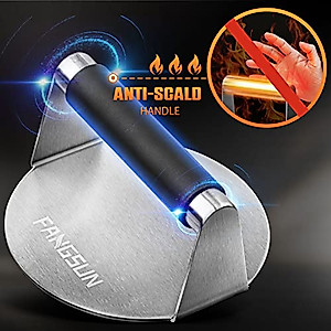 FANGSUN Burger Press with Anti-Scald Handle, 5.8 Inch Stainless Steel Burger Smasher, Round Non-Stick Hamburger Press for Griddle, Griddle Accessories Kit for Flat Grill Cooking, Gift Package