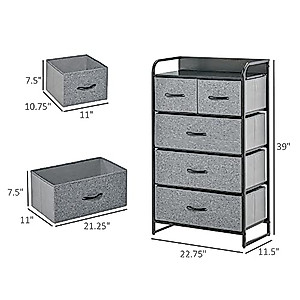 HOMCOM 5-Drawer Fabric Dresser Tower, 4-Tier Storage Organizer with Steel Frame for Hallway, Bedroom and Closet, Grey