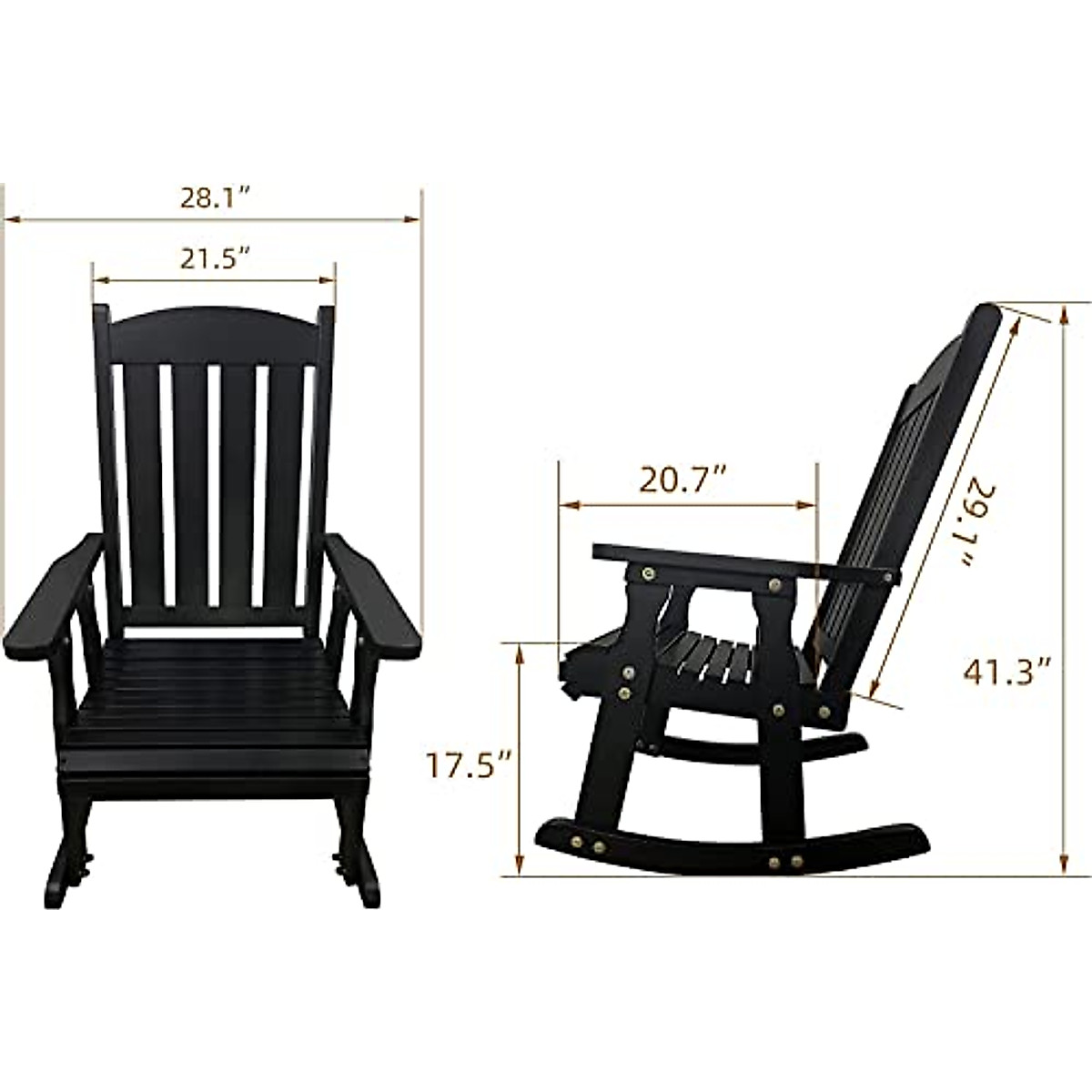 Wooden Rocking Chair with Comfortable Backrest Inclination, High Backrest and Deep Contoured Seat, Solid Fir Wood, Heavy Duty 600 LBS, for Both Outdoor and Indoor, Backyard, Porch and Patio (Black)