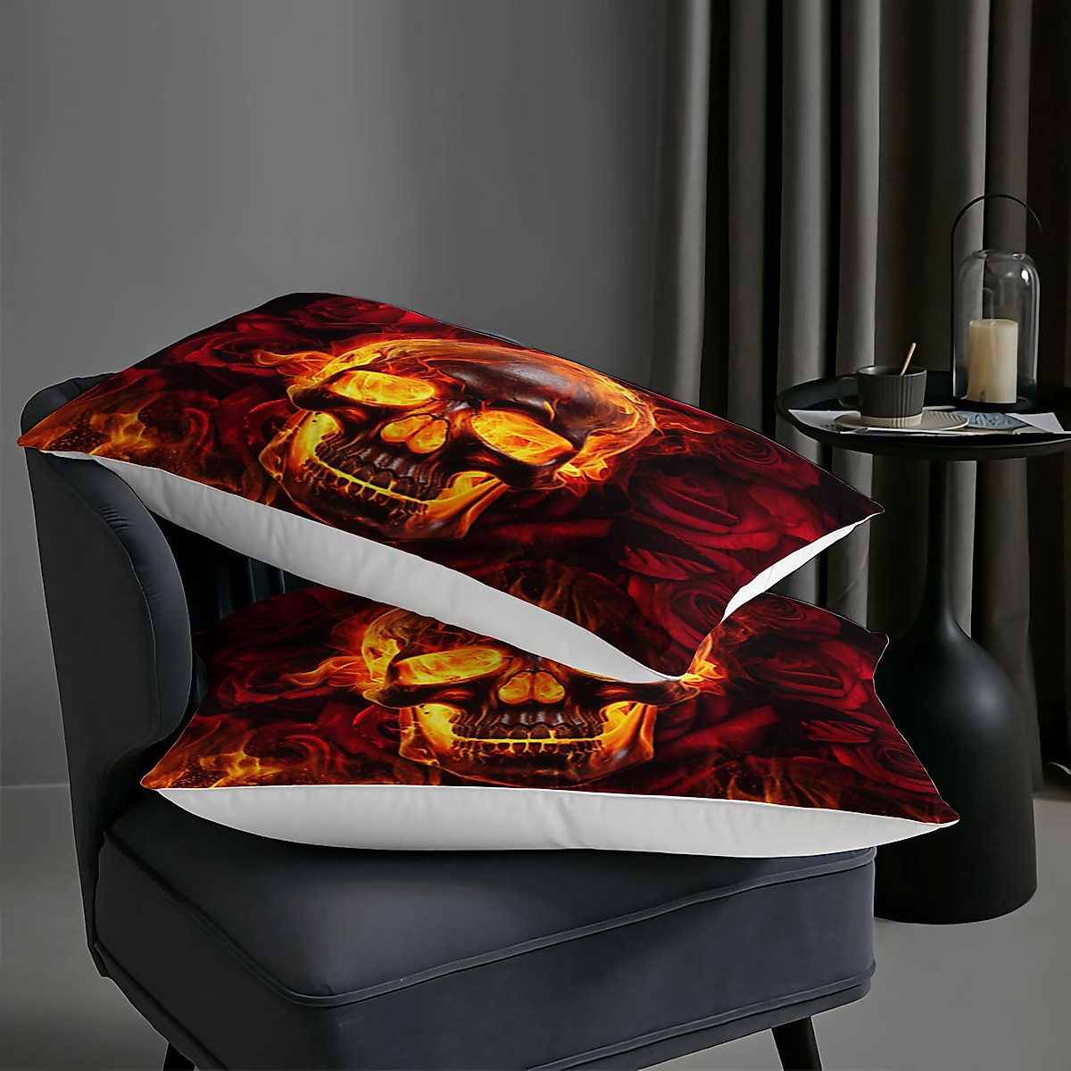 AILONEN Sugar Skull Comforter Set Twin Size,Red and Black Fire Skull Bedding Set,Romantic Red Rose Gothic Skeleton Comforter with 2 Pillowcases,3-Piece