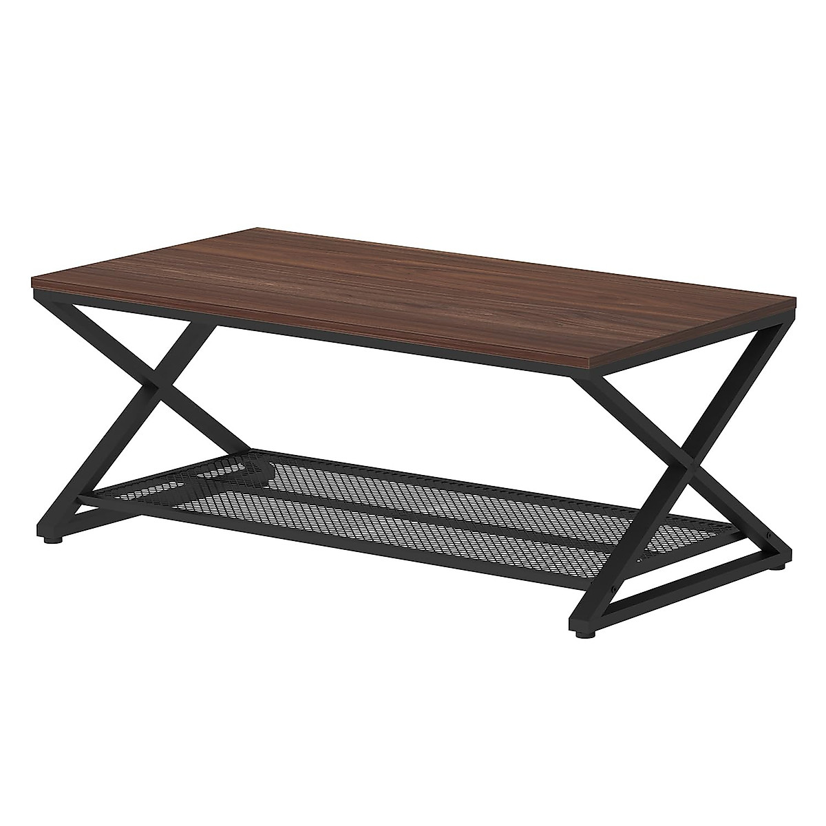 LVB Walnut Coffee Table with Storage, Metal Wood Rectangle Living Room Table, Industrial 2 Tier Center Table with Mesh Shelf, Vintage Wooden Middle Concrete Tables for Office Bedroom, 39 inch, Walnut