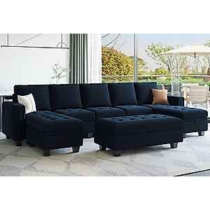 Belffin Modular Sectional Sofa Set Velvet U Shaped Sofa Set with Reversible Wide Chaise Convertible Corner Sectional Sofa Couch Set with Storage Ottoman Blue