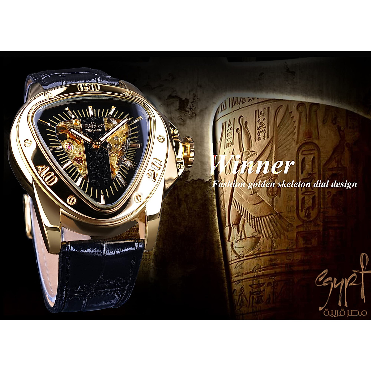 Winner Fashion Mechanical Wrist Watch Triangle Racing Dial, Waterproof Golden Skeleton Dial Automatic Movement Leather Design Mechanical Watch for Men