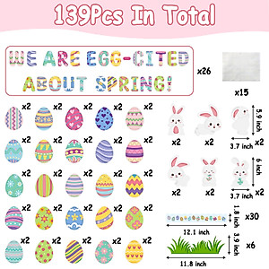 AsodSway Easter Bunny Egg Cutouts - 139Pcs Easter Bunny Spring Egg Bulletin Board Cutouts Set Contain Egg Bunny Grass Border with We are Egg Cited about Spring Character Happy Easter Spring Season