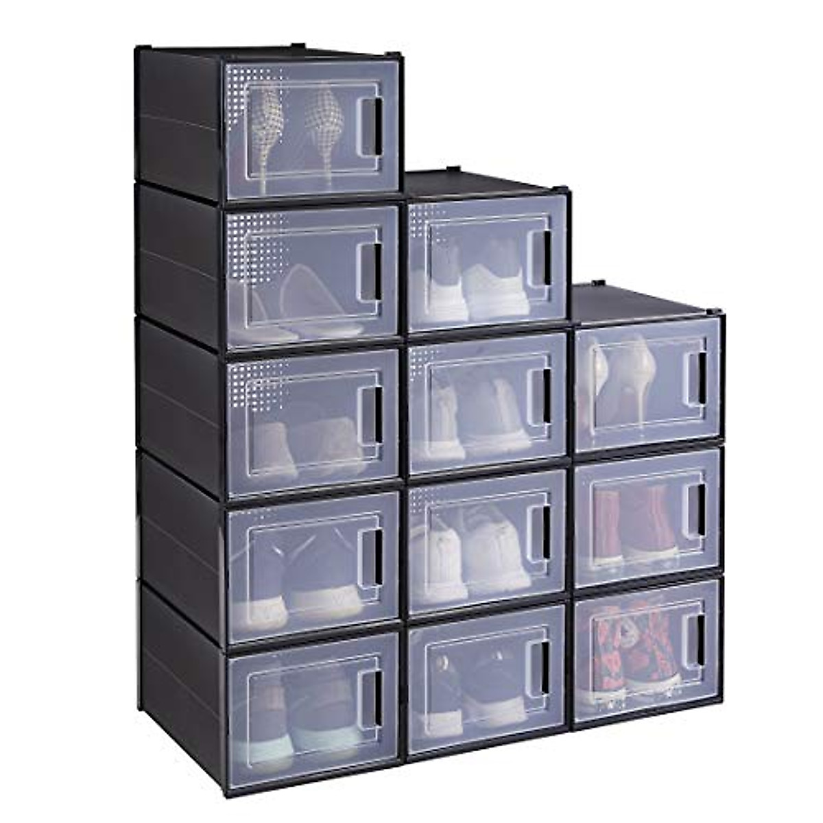 sweetgo 12 Pcs Stackable Shoe Storage Boxes - Front Entry and Clear Plastic, Shoe Container and Sneaker Display Box for Closets and Entryway, Foldable Shoe Organizer for Men & Women Shoes (Black)