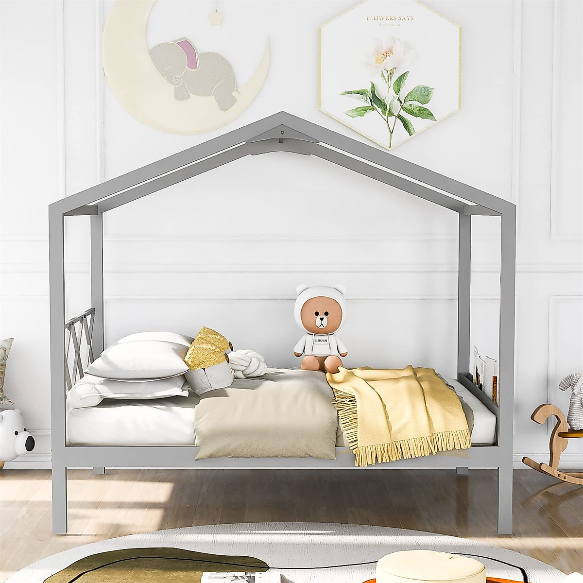 Bellemave Full Size House Beds Kids Montessori Bed with Headboard and Storage Footboard Wood Cabin Frame for Girls Boys Teens, Gray