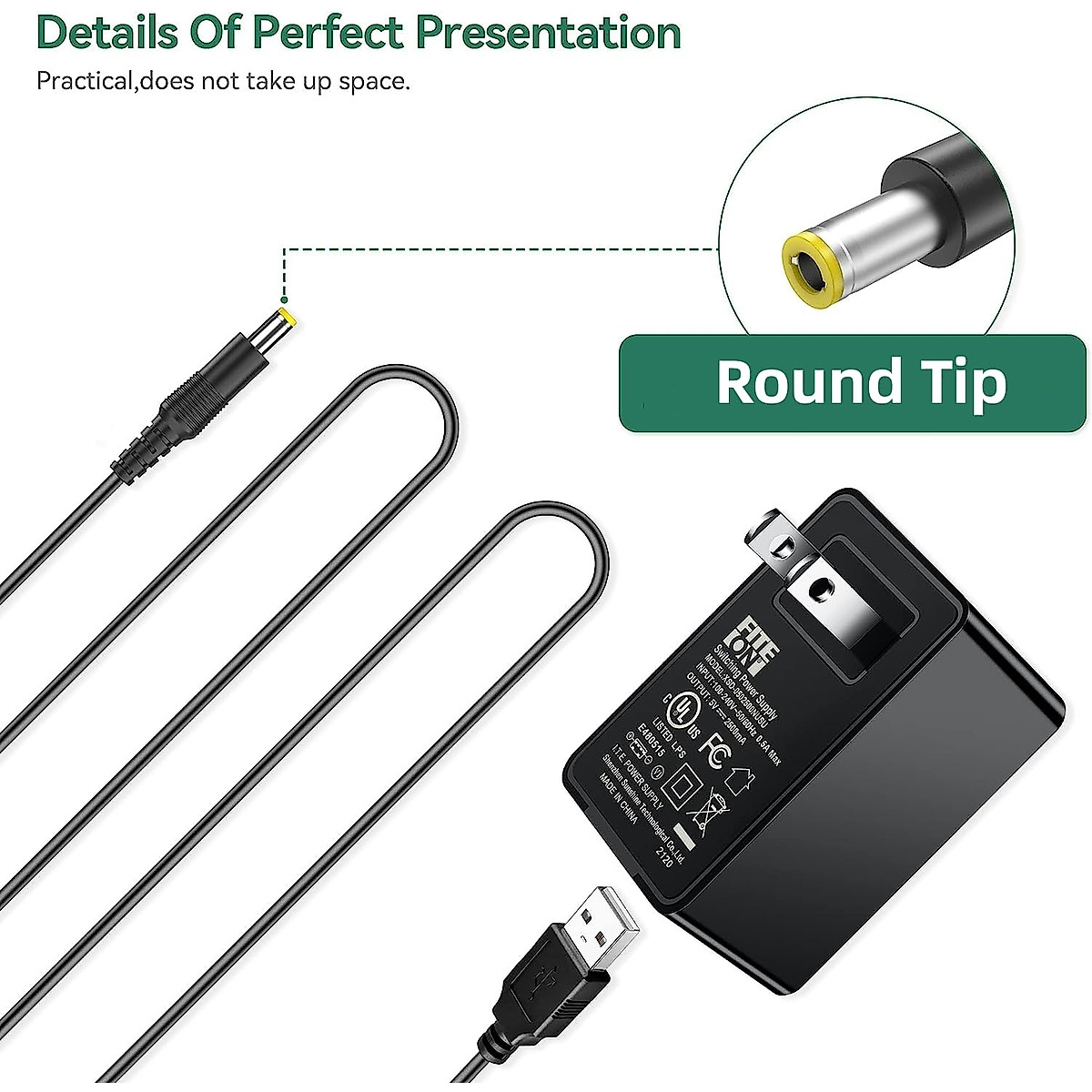 FITE ON 5V AC/DC Adapter + USB Cable Replacement for Launch CRP123X CRP129X CRP123E CRP129E Diagnostic Scanner Tool UL Listed