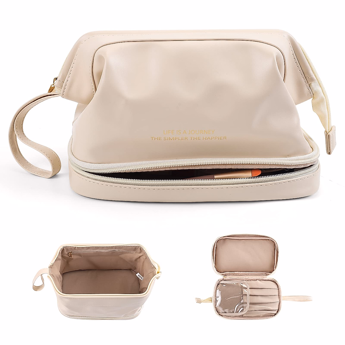 Cosmetic Travel Bag, Double Layer Cosmetic Bag, Large Makeup Bag, Travel Makeup Bag, Makeup Organizer Bag, Leather Cosmetic Bag, Waterproof Toiletry Bag for Women Girls (White)