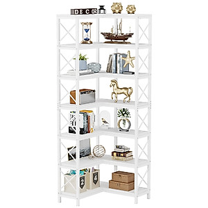 LITTLE TREE 7-Shelf Corner Bookshelf Modern Corner Bookcase Corner Shelf for Living Room Home Office, White