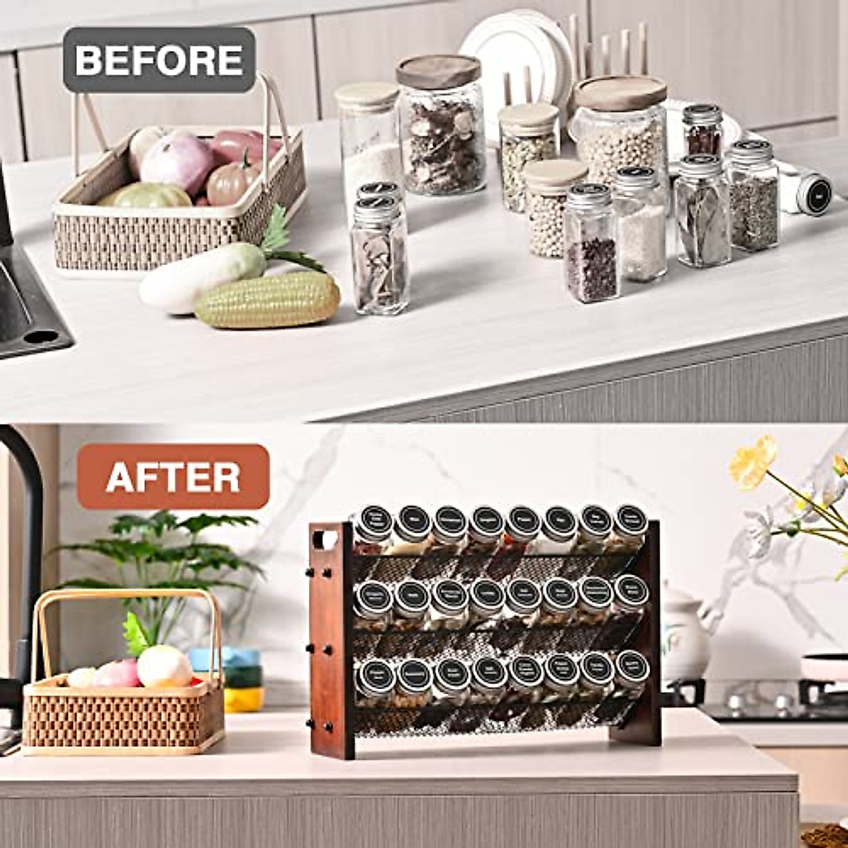 Roykoota Spice Rack, Spice Rack Organizer without Seasoning Jars, Wooden Spice Organizer, Rustic 3 Tier Kitchen Spice Rack Shelf for Cabinet, Countertop or Wall Mount