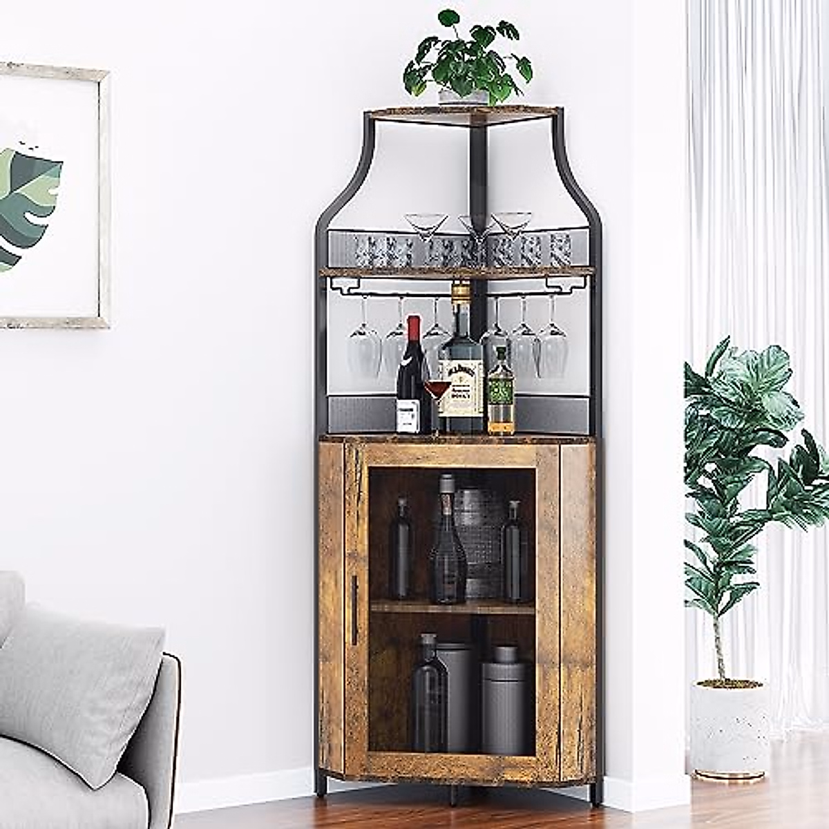 GAOMON Corner Wine Cabinet,Wine and Glass Rack,Freestanding Liquor Cabinet Bar Cupboard with Storage Shelves for Kitchen, Dining Room,Living Room (Rustic Brown)