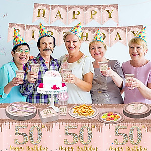 98PCS 50th Birthday Party Plates 50th Birthday Party Supplies Pink Rose Gold Party Decorations 50th Birthday Decorations for Women Paper Plates Napkins Cups Forks Knives Tablecloth Banner Serve 16