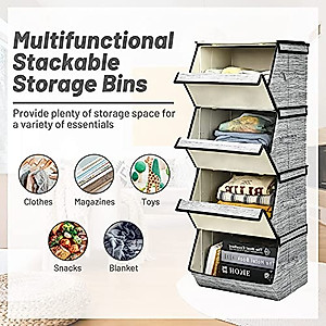 Giantex Storage Bins Set of 4 Stackable Cubes Fabric Baskets w/Lid, Handles, Magnetic Linen Container Boxes for Toys, Clothes, Files Foldable Closet Organize Bags 15”x14”x10” (Black+Gray)
