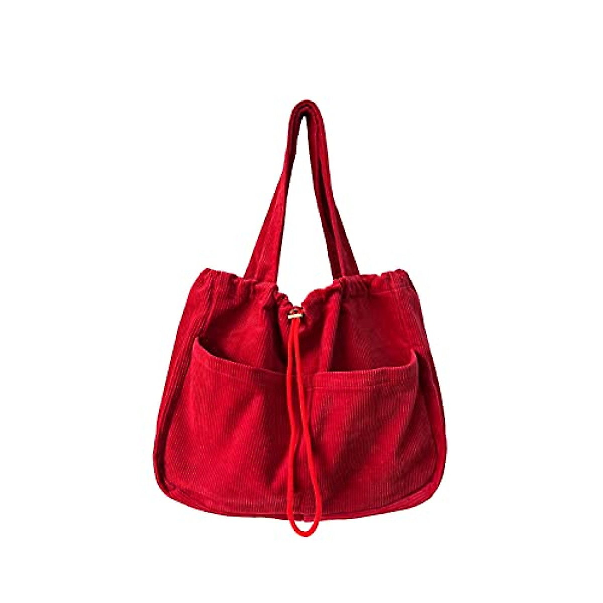Ulisty Women Large Capacity Corduroy Drawstring Tote Bag Pockets Shoulder Bag Casual Handbag Hobo Bag Shopping Bag red