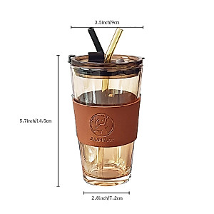 JUMPINJOK 15oz Glass Coffee Tumbler with Straw and Lid Sealed Carry on, Glass Iced Coffee Cup, Leak-Proof Glass Tumbler Cup, Reusable Smoothie Mugs for Cold & Hot Drinks, Coffee, Tea, Shake (Amber)