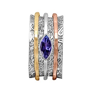 Shine Jewel Spinner Ring with Blue Tanzanite 925 Sterling Silver Fidget Band Meditation Ring for Men Women Anxiety Stress Relieving Unisex Ring (Two Tone Band, 12)