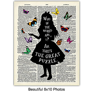 Alice Wonderland Wall Decor Quote Set - 8x10 Dictionary Art Photo Prints - Kids or Girls Bedroom Decor, Room Decorations - Wonderful Gift - Unframed Poster with Butterflies
