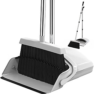 Broom and Dustpan Set for Home - Premium Long Handled Broom Dustpan Combo - Upright Standing Lobby Broom and Dust Pan Brush w/ Handle - Great Edge, Lightweight and Robust
