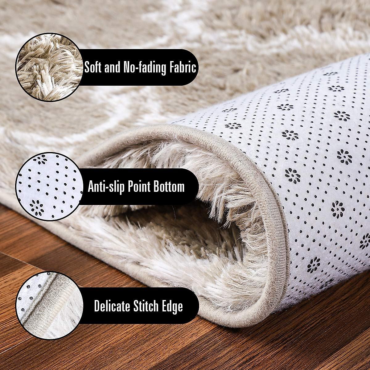 Andecor 5x8 Area Rugs for Bedroom Living Room, Shaggy Geometric Indoors Carpet for Dorm Girls Boys Kids Room Nursery Home Decor Aesthetic Rug, Camel and White