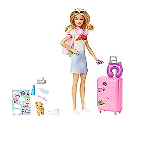 Barbie Doll & Accessories, Travel Set with Puppy and 10+ Pieces, Suitcase Opens & Closes, Malibu Doll with Blonde Hair