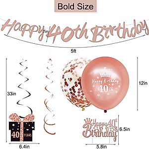 WOJOGO 40th Birthday Decorations Women, Rose Gold & Black 40 Birthday Decorations For Women Men, Including Happy 40th Birthday Banner Hanging Swirls Cake Topper Balloons for Party Supplies