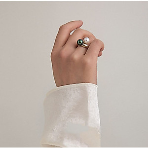 HUKQBUNX 925 Sterling Silver Two Natural Pearls CZ Black Pearl White Pearl Women's Precious Wedding Engagement Couple Party Ring