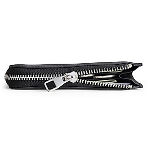 HISCOW Metal Zipper Slim Sector Wallet with 2 Card Slots - Italian Calfskin (Black)